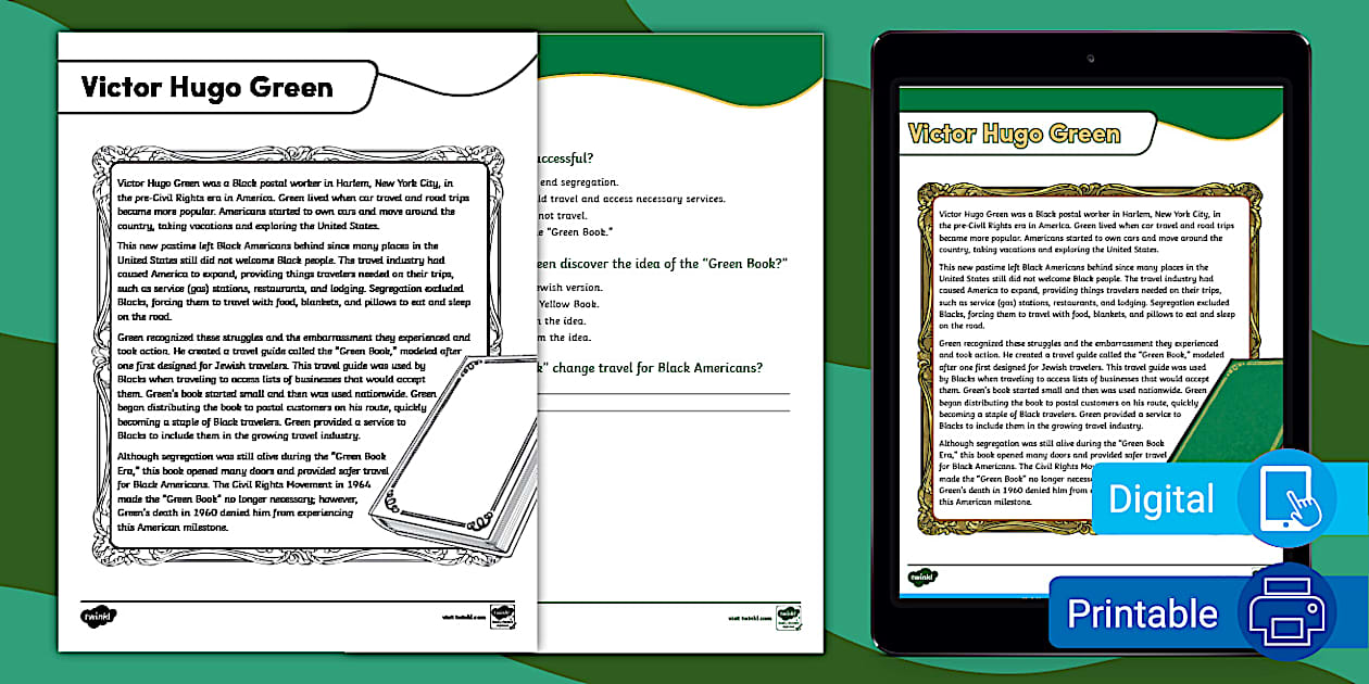 Eighth Grade Victor Hugo Green Reading Passage Comprehension Worksheet