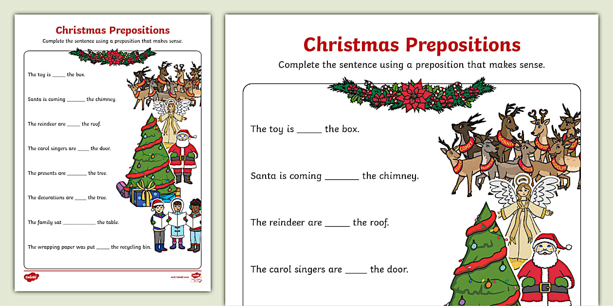 Christmas-Themed Prepositions Worksheet - Twinkl