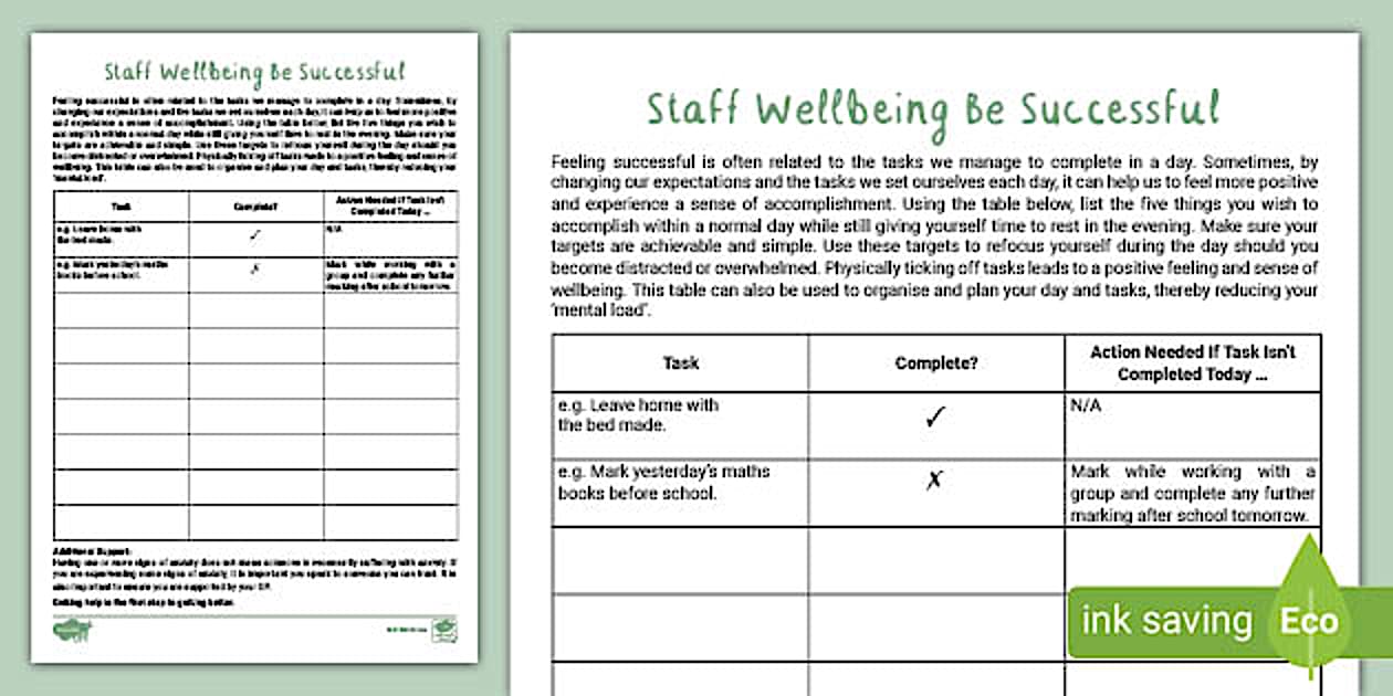 Staff Wellbeing Being Successful Worksheet for Teachers