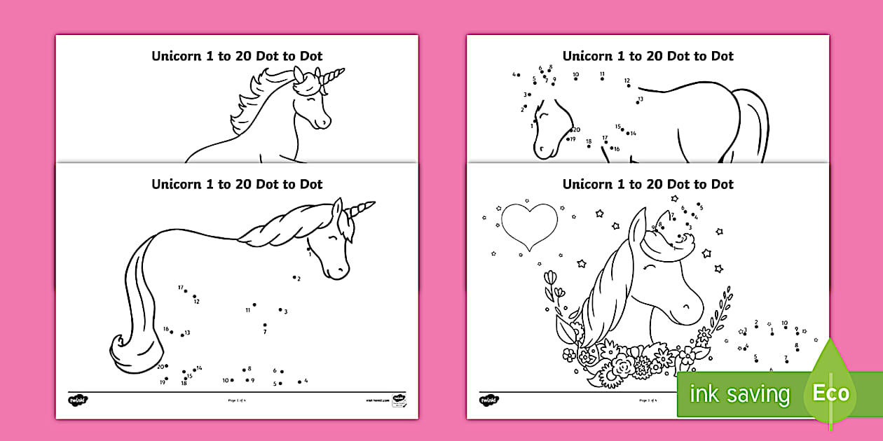 Unicorn Dot to Dot 1 to 20 Worksheets - Templates - Twinkl