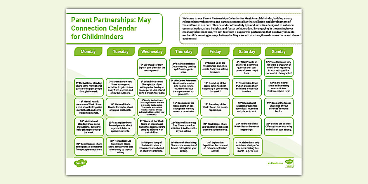 Parent Partnerships: May Connection Calendar for Childminders
