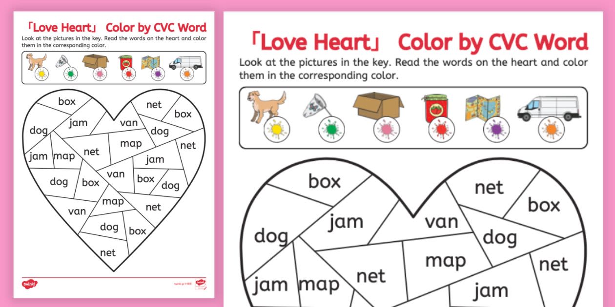Love Heart Color by CVC Word- Phonics Valentine's Day Coloring Page