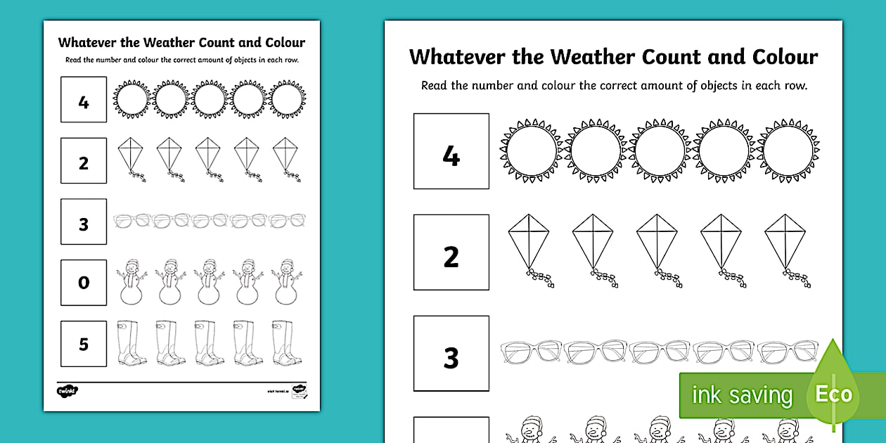 Count and colour the correct number of objects worksheet.