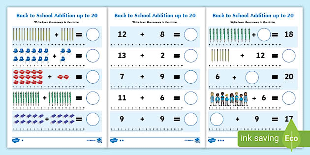 Addition to 20 Activity - Back to School Worksheets - Twinkl