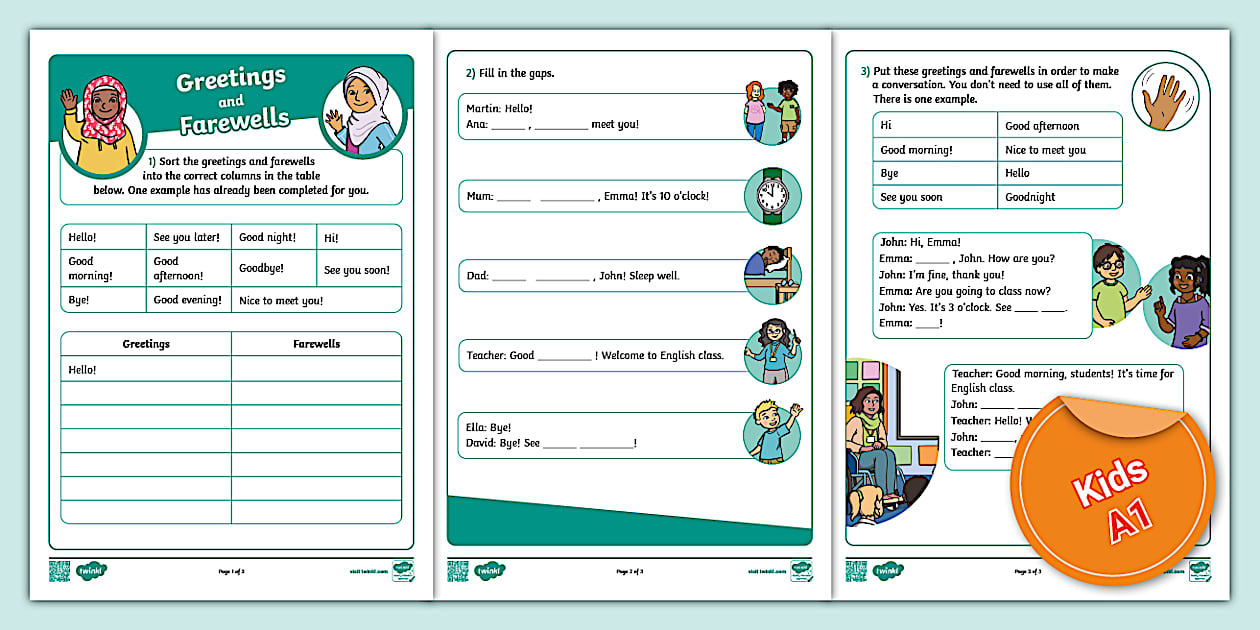ESL Greetings and Farewells Worksheet [Kids, A1] - Twinkl