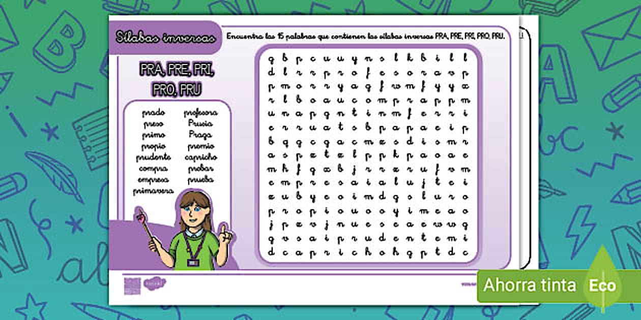 Sopa de letras: Sílabas trabadas PRA, PRE, PRI, PRO, PRU