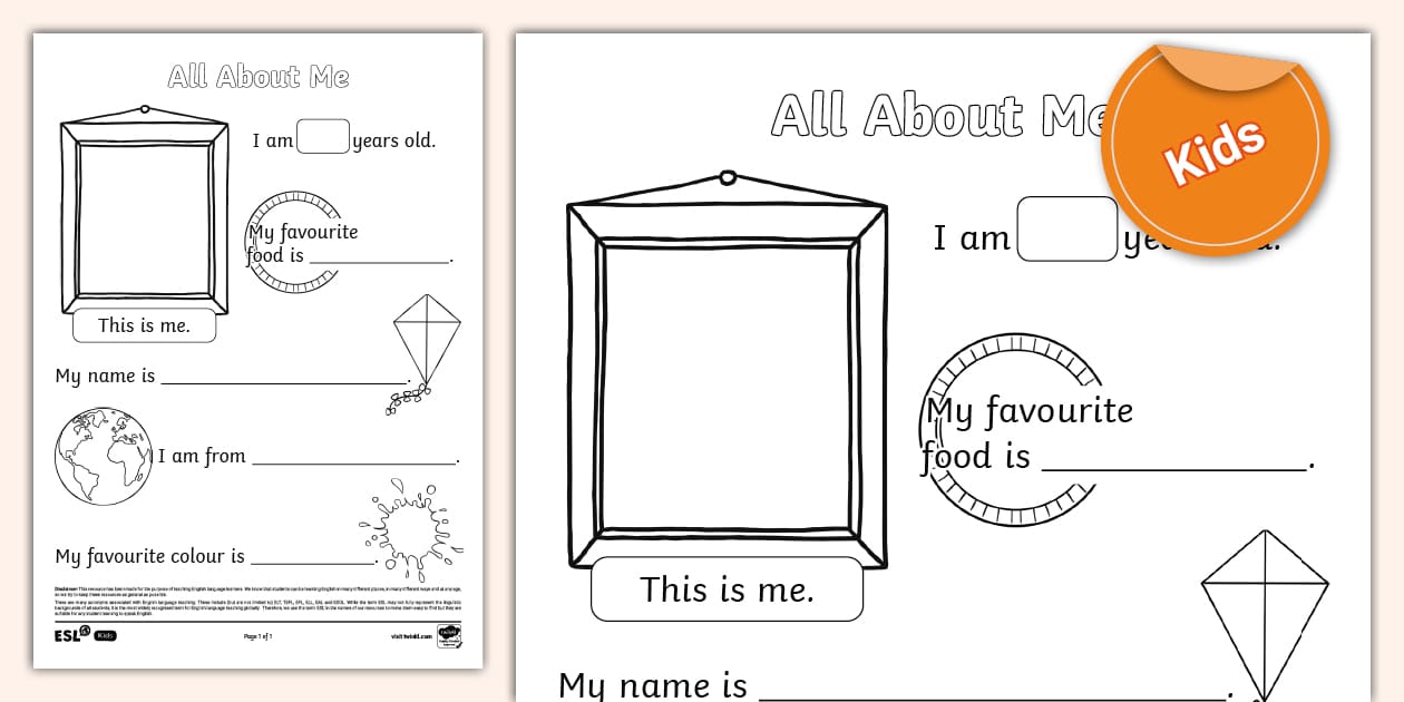 ESL 'All About Me' Colouring Sheet for Kids (teacher made)