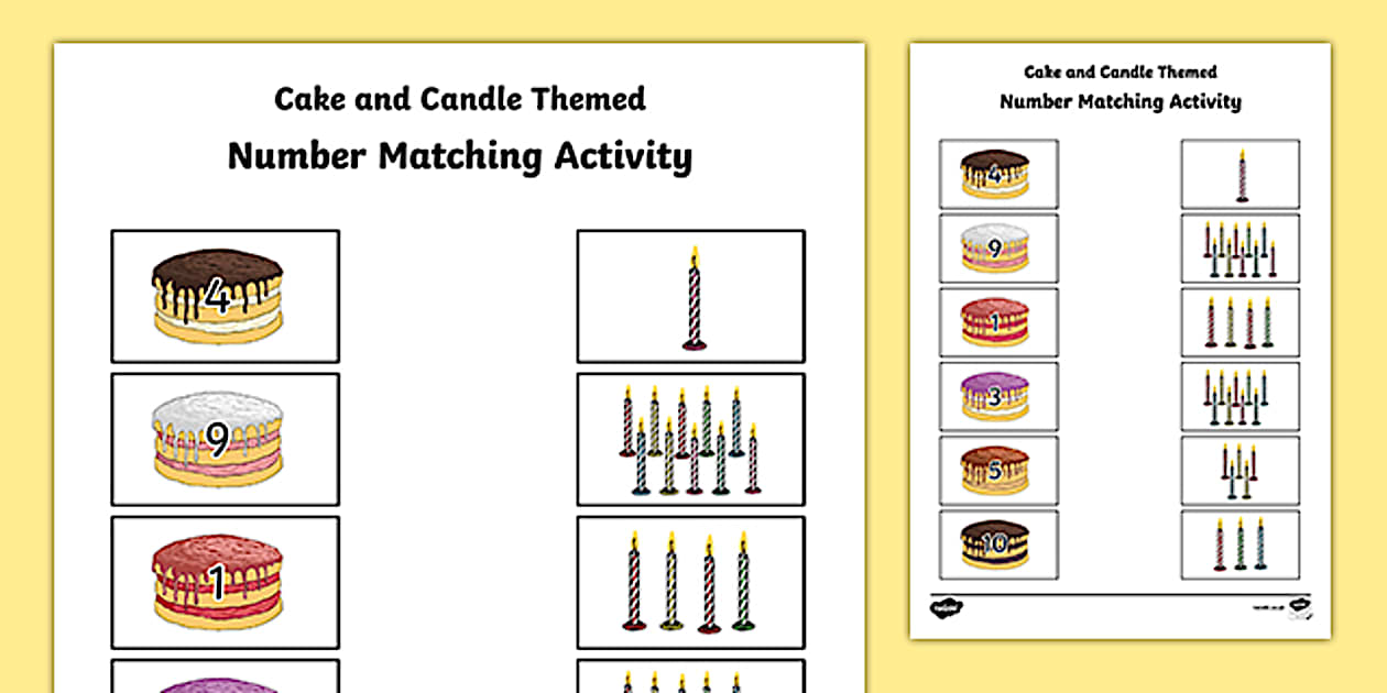 Cake and Candle Themed Number Matching Worksheet / Worksheet