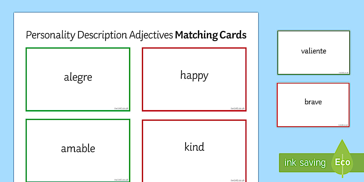 Adjectives for Personality Description Matching Cards Spanish
