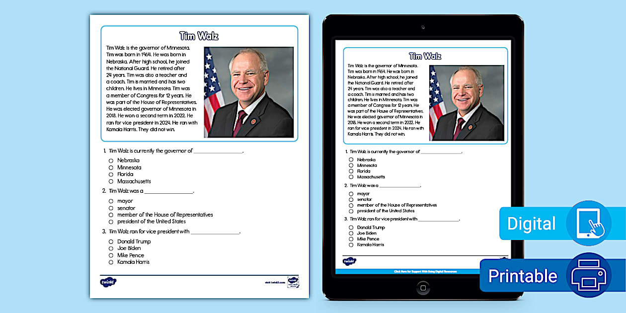 First Grade Tim Walz Reading Passage Comprehension Worksheet