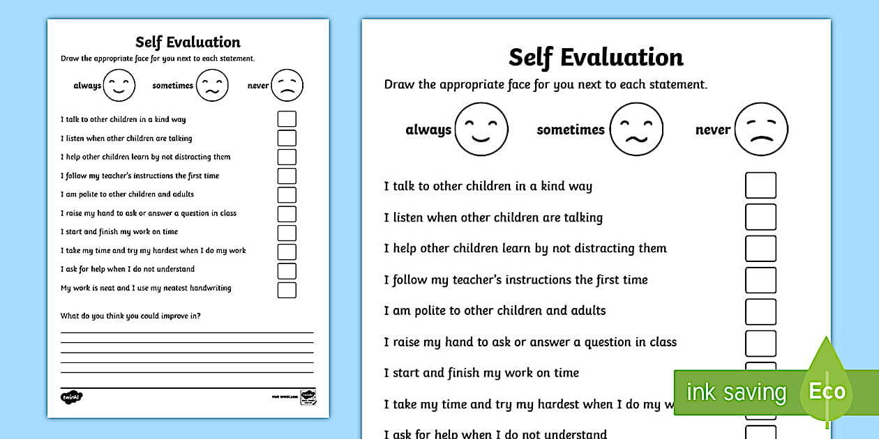 Printable Student Self Assessment Template (teacher made)