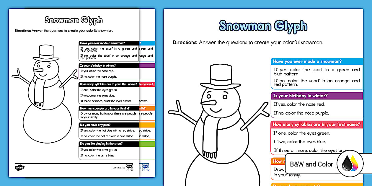 Winter Snowman Glyph Activity Worksheet for K-2nd Grade