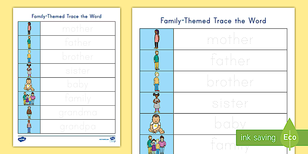 Family Trace the Words Worksheet (teacher made) - Twinkl