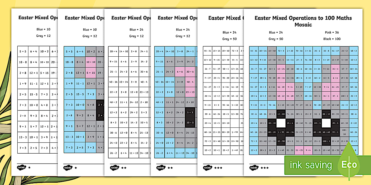 Lower Ability Easter Bunny: Mixed Operations Maths Mosaic Differentiated