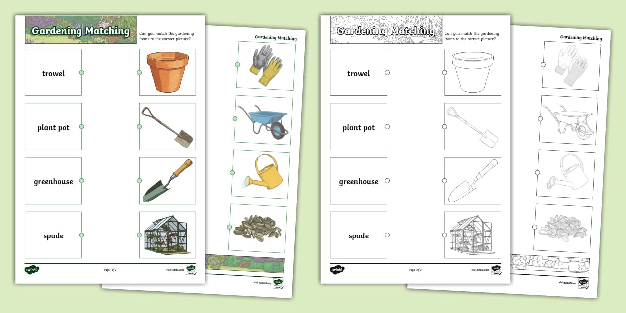 Gardening Matching Worksheet - Twinkl Activities