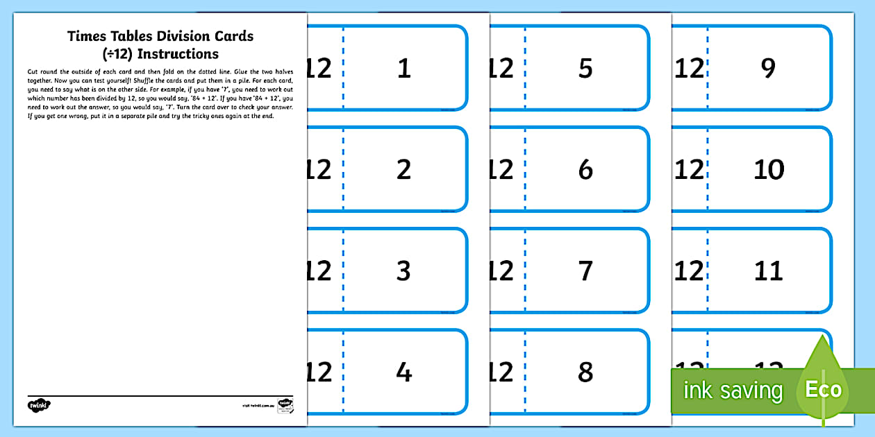 12 Times Table Division Cards - Twinkl