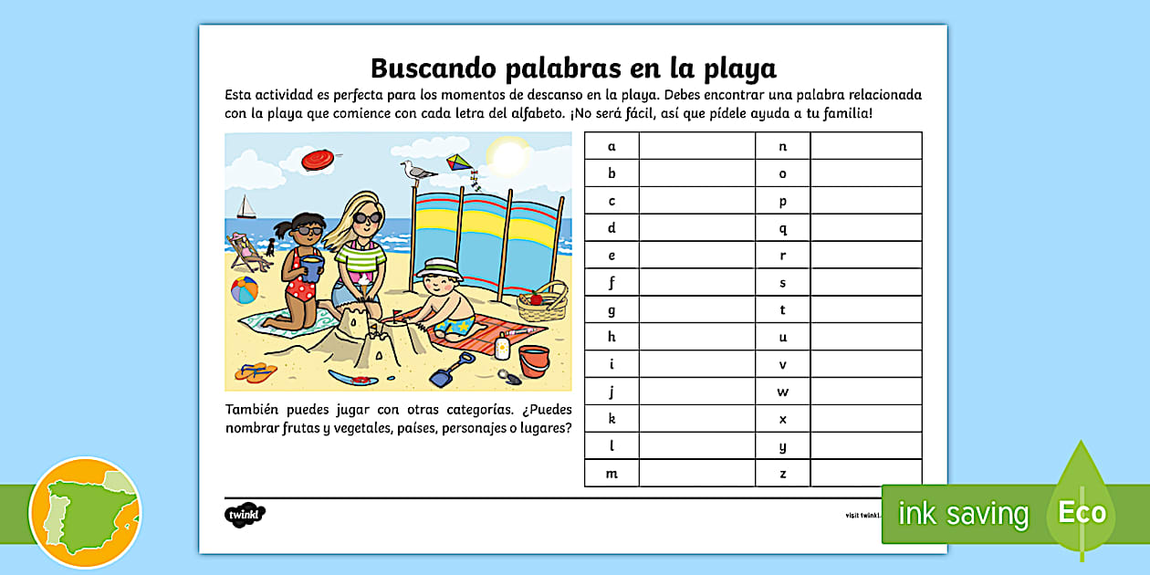 Ficha de actividad: Buscando palabras en la playa - Twinkl