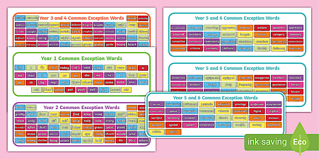Editable Year 1 - 6 Common Exception Words Table Strip Cut-Outs