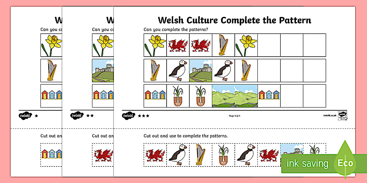 Black and White Welsh Culture Complete the Pattern Worksheets