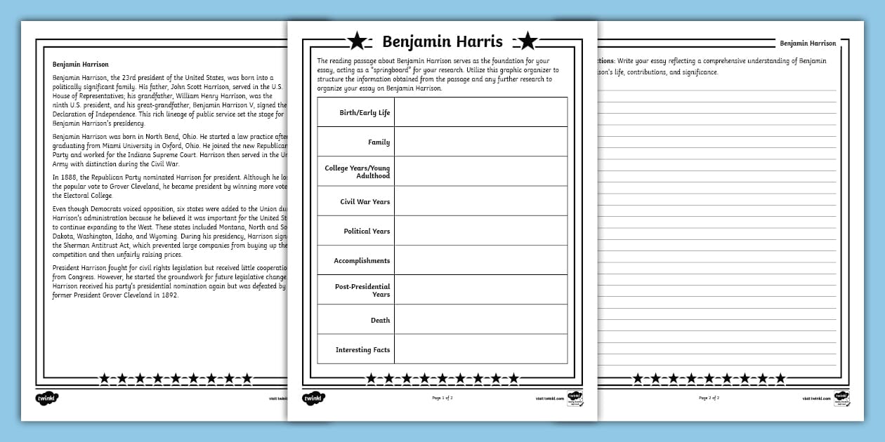Eighth Grade Benjamin Harrison Timeline Organizer and Essay Writing Page