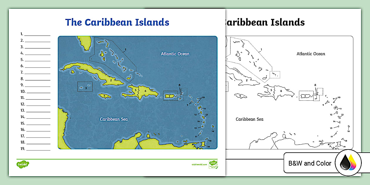 The Caribbean Islands Map Labeling Worksheet for 3rd-5th Grade
