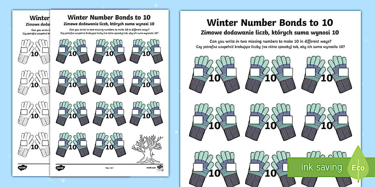 Winter Themed Number Bonds to 10 Worksheet / Worksheet English/Polish