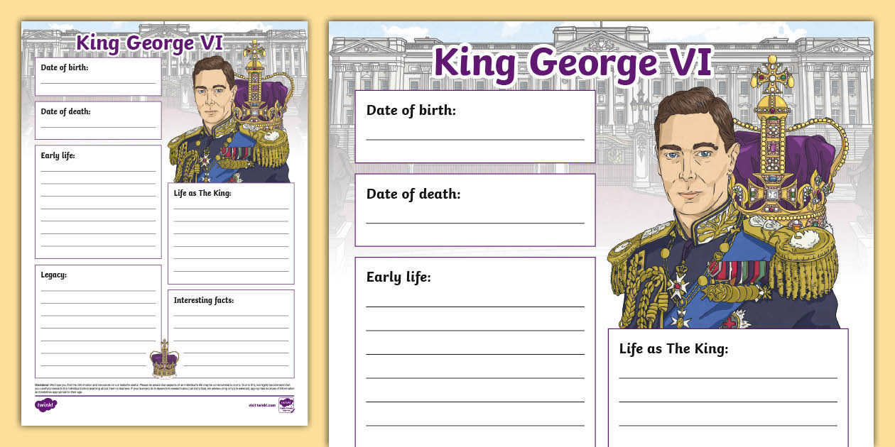 King George VI Fact File Template,British Kings,Royalty