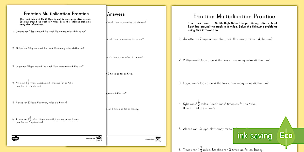 Track Practice Multiplying Fractions and Whole Numbers Worksheet ...