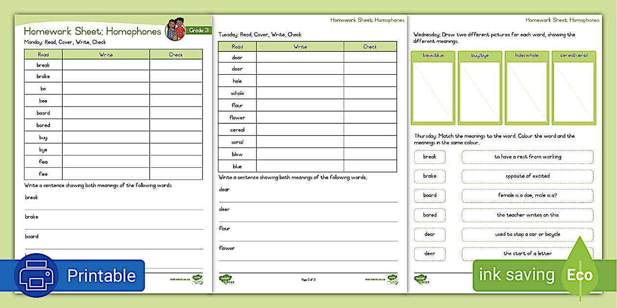 Grade 3 Phonics: Homophones: Homework Sheet