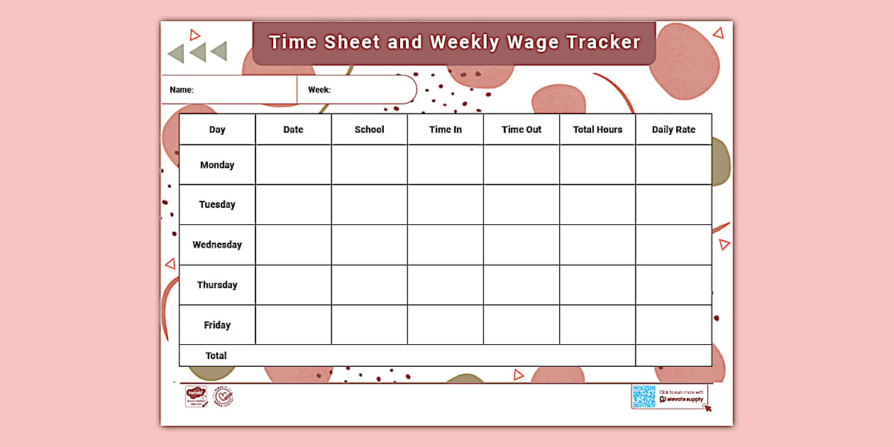 Supply Teacher Editable Timesheet and Weekly Wage Tracker