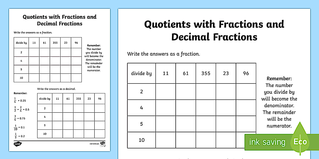 Quotients with Fractions and Decimal Fractions Worksheet