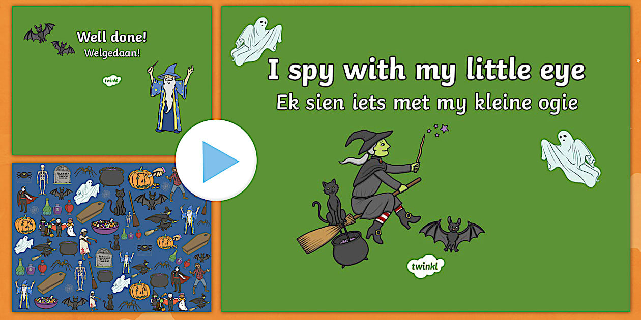 Halloween I Spy Worksheet / Worksheet PowerPoint Pack English/Afrikaans