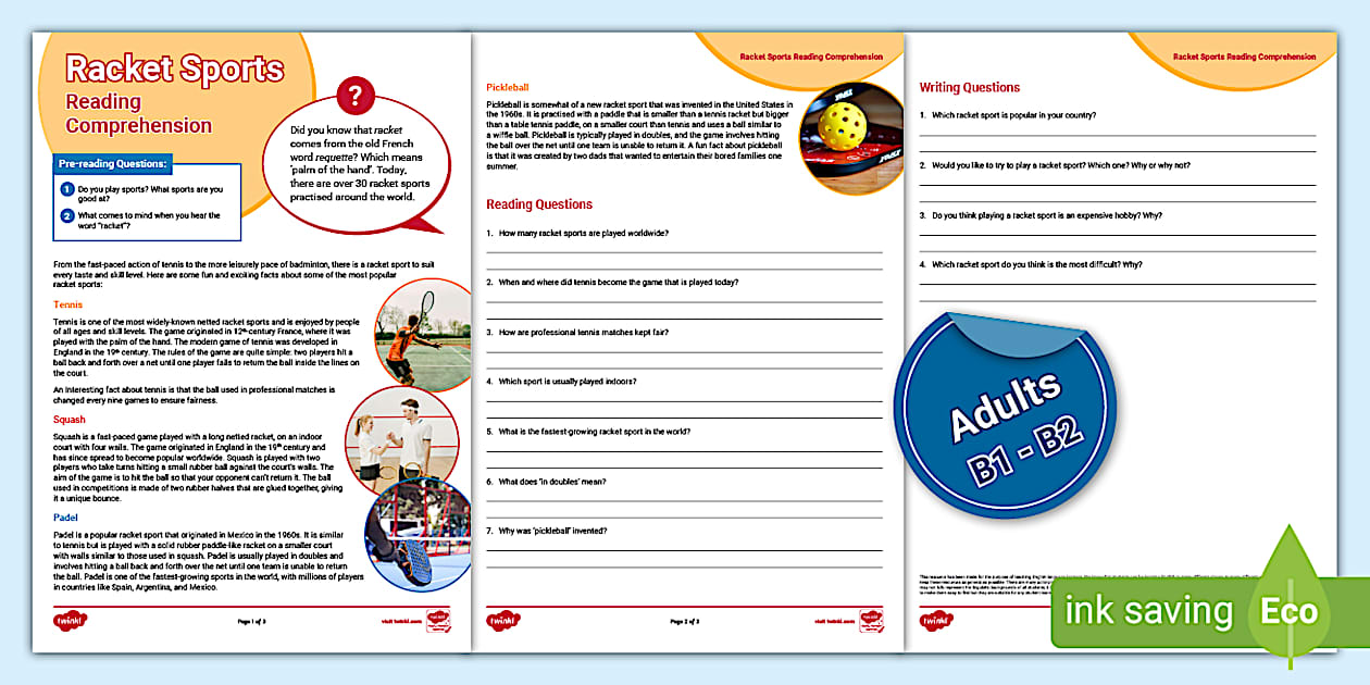 ESL Racket Sport Reading Comprehension [Adults, B1 -B2]