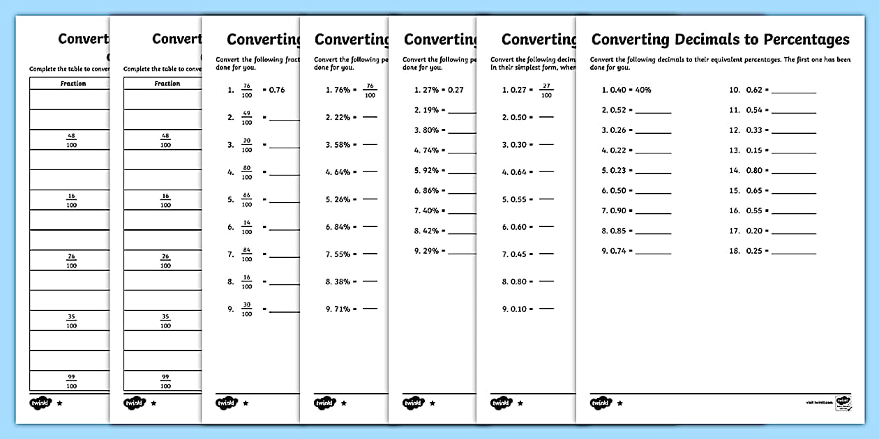 Converting Fractions Decimals and Percentages Worksheets