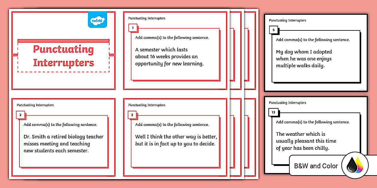 Sixth Grade Punctuating Interrupters Task Cards - Twinkl