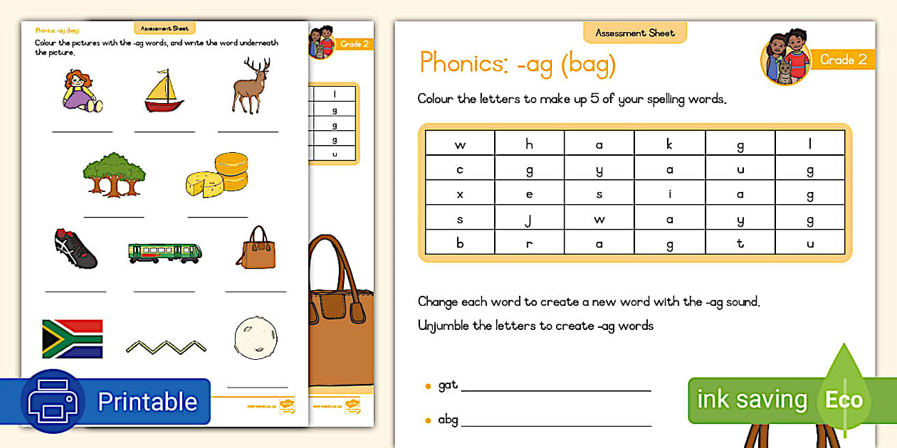 Grade 2: Phonics: ag: Assessment Sheet - Revision - Twinkl