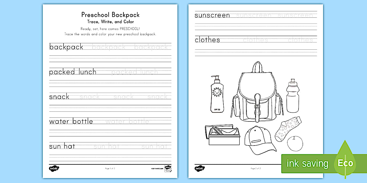 Preschool Backpack Trace and Color Worksheet / Worksheet, worksheet