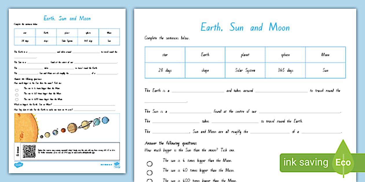 Earth, Sun and Moon QR Worksheet (teacher made) - Twinkl