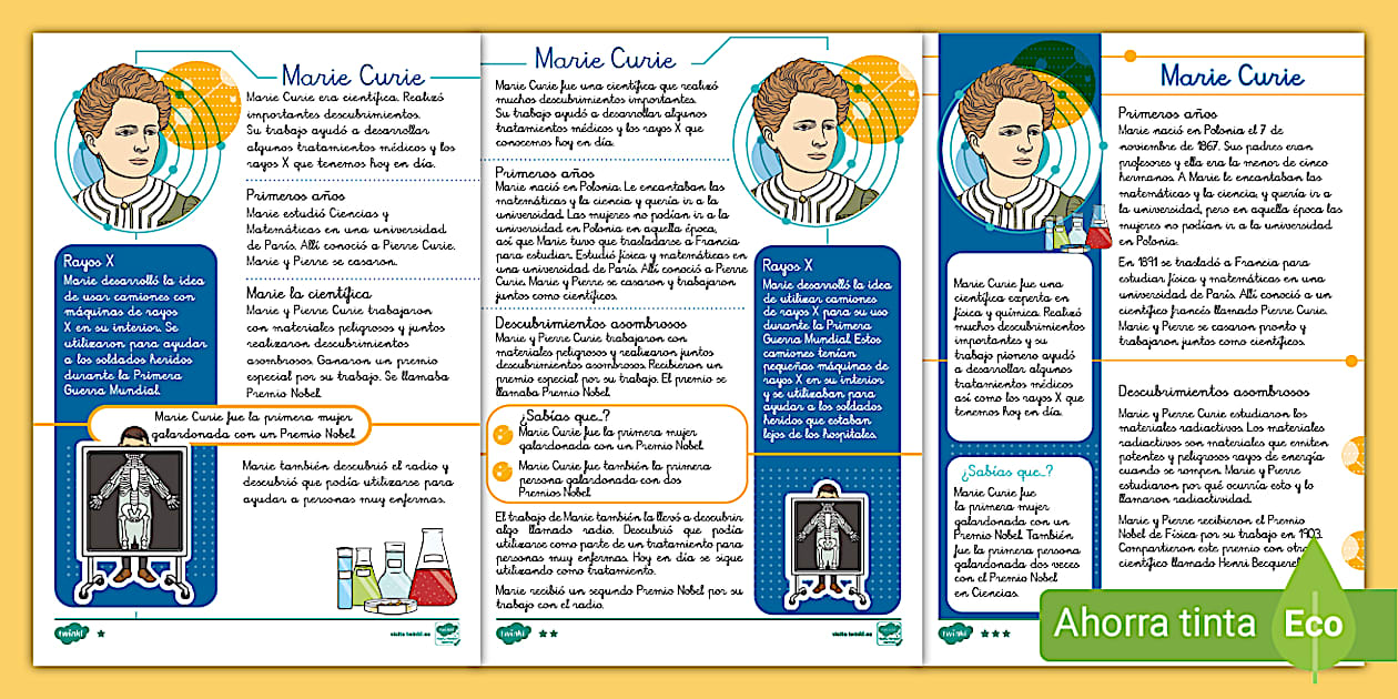Comprensión lectora por niveles: Marie Curie