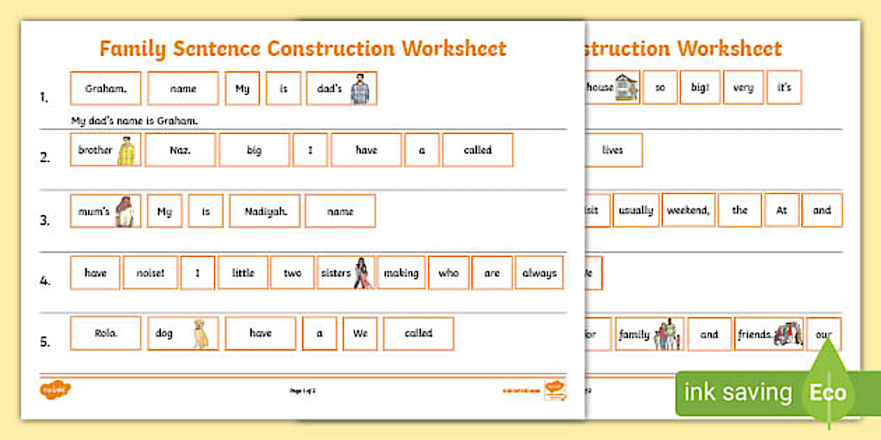 Editable Family Sentence Construction Worksheet - Twinkl