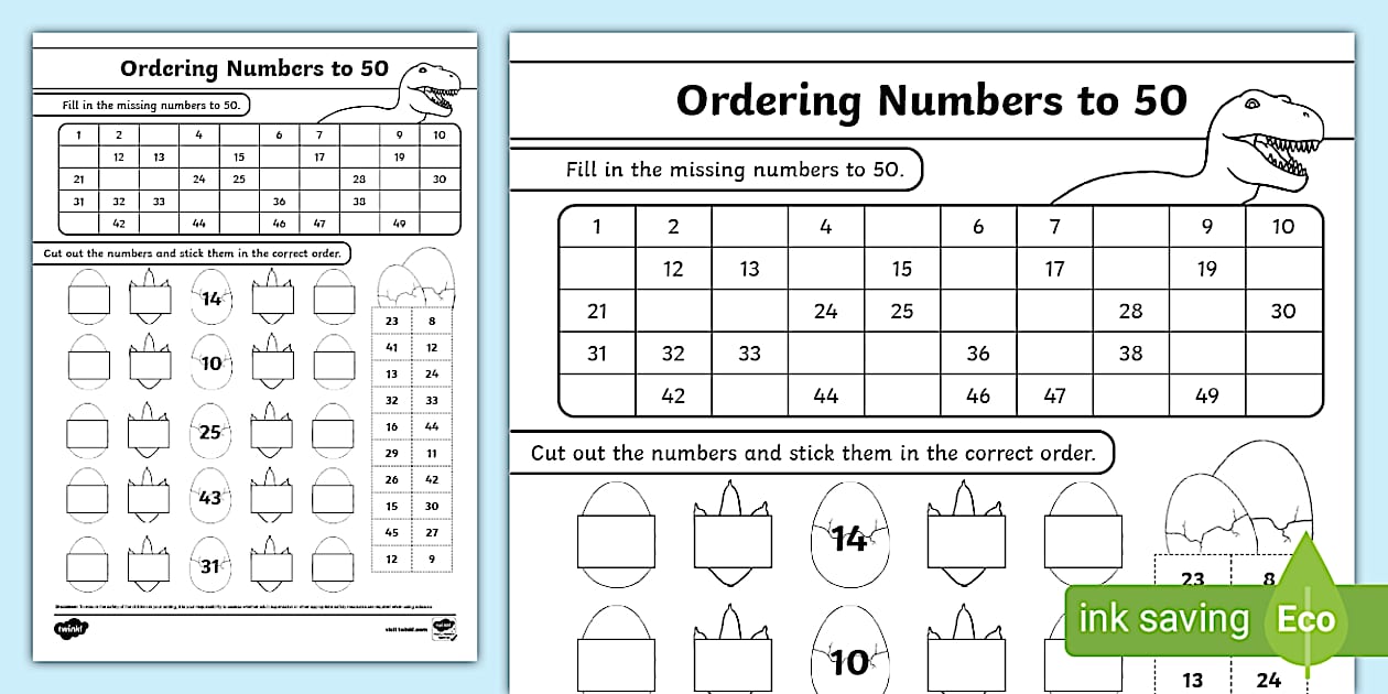 Dinosaur Ordering Numbers to 50 Activity - KS1 - Twinkl