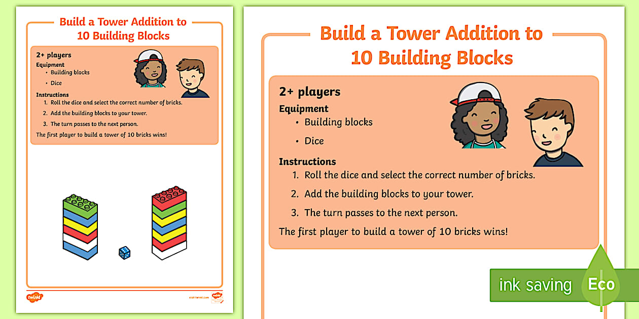 Black and White Build a Tower Addition to 10 Building Blocks Game