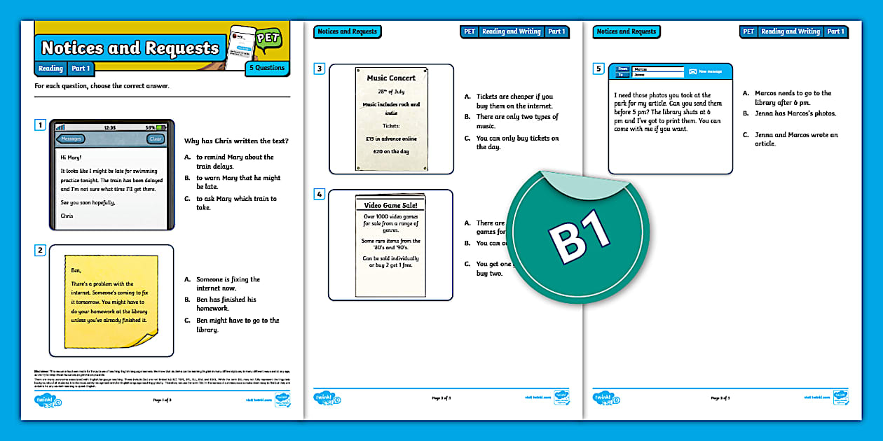 B1 Preliminary (PET) Reading Part 1 - Notices and Requests