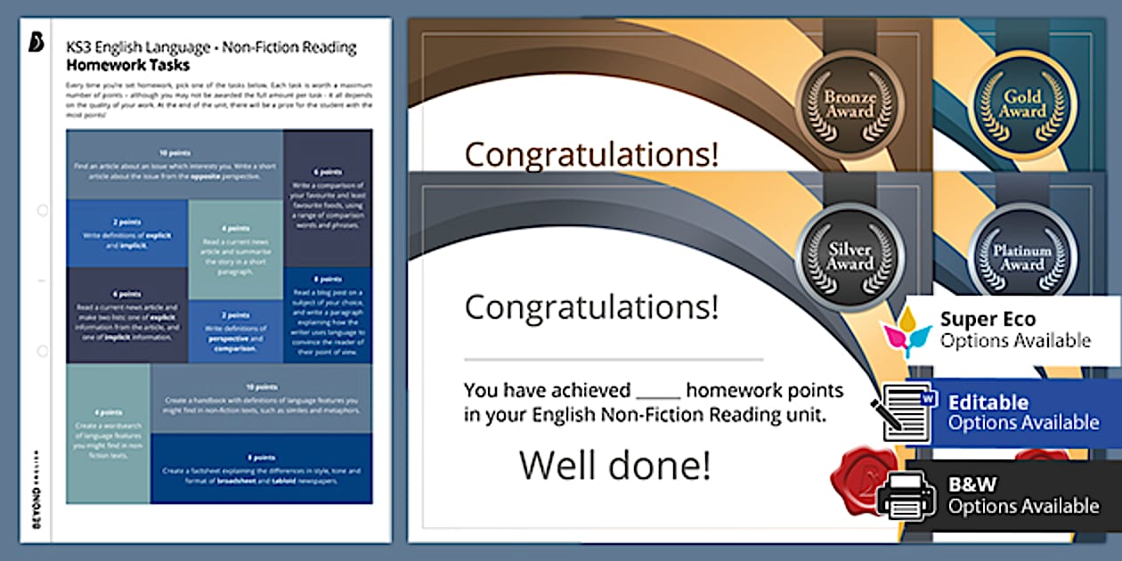 Non-Fiction Reading Homework Pack | Beyond (teacher made)