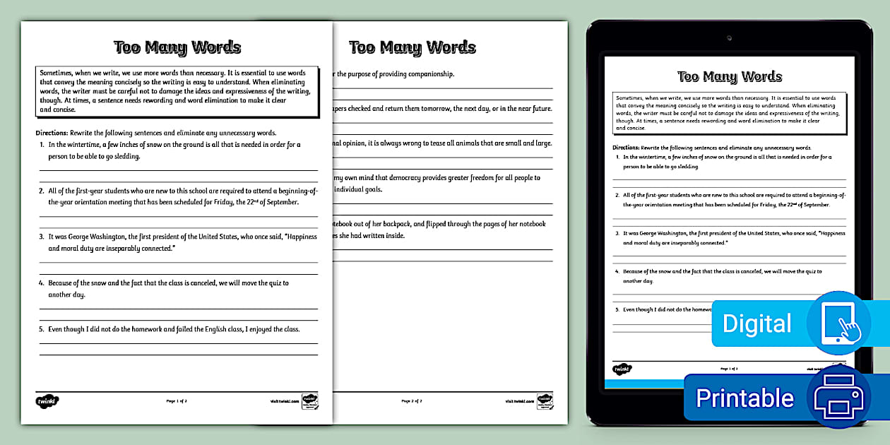 Too Many Words Elimination Practice Worksheet 6th-8th Grade