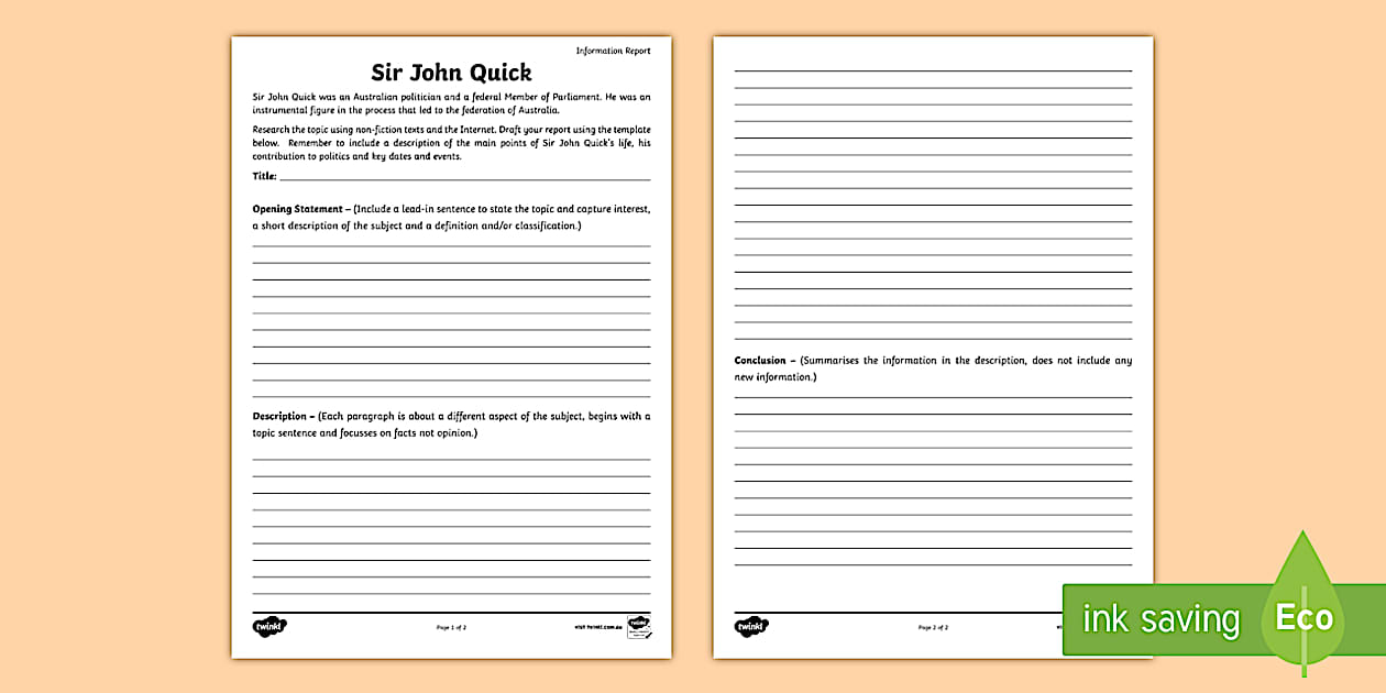 Sir John Quick Report Writing Template - Year 6 History