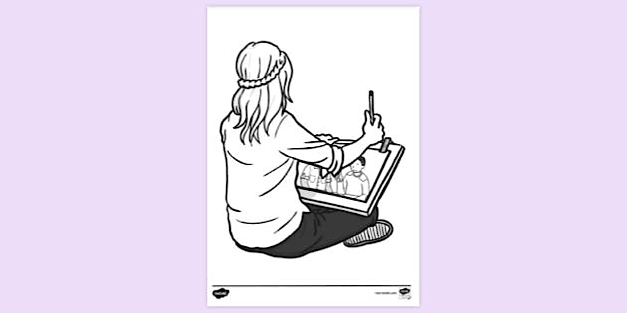 Girl Drawing a Portrait Colouring Sheet | Twinkl Resources