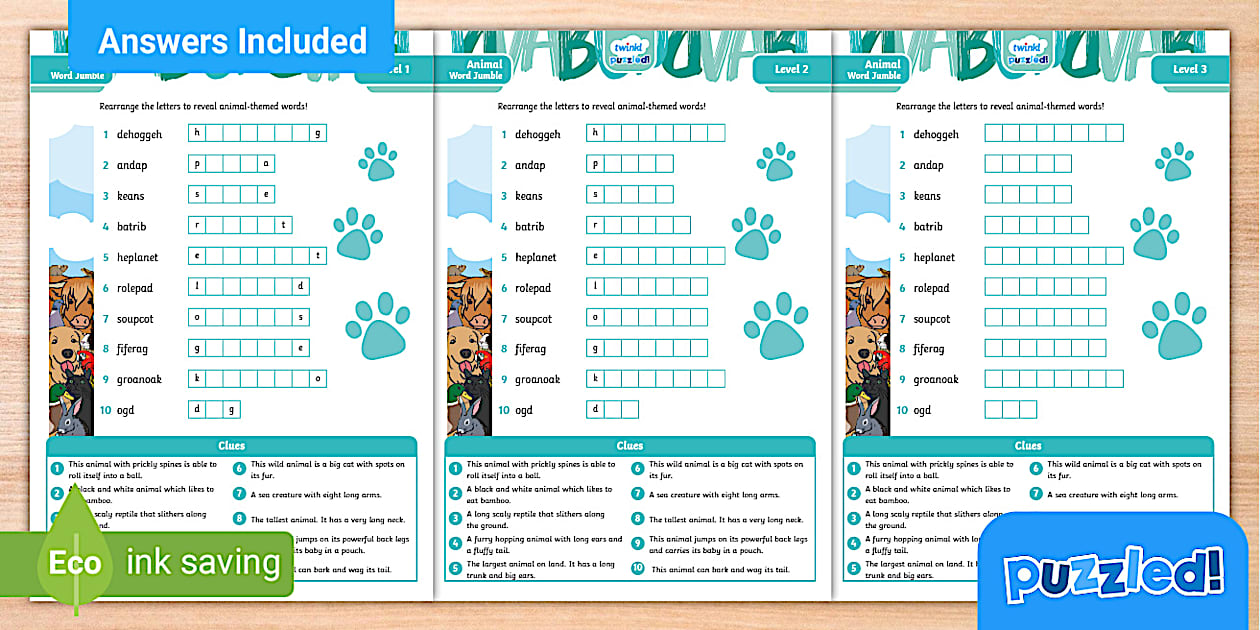 Animal Word Jumble Puzzle Pack - Twinkl Puzzled - kids