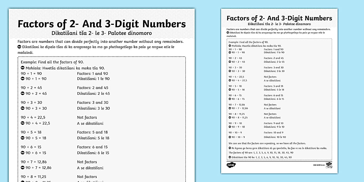 Factors of 2- And 3-Digit Numbers Activity Sheet Sepedi