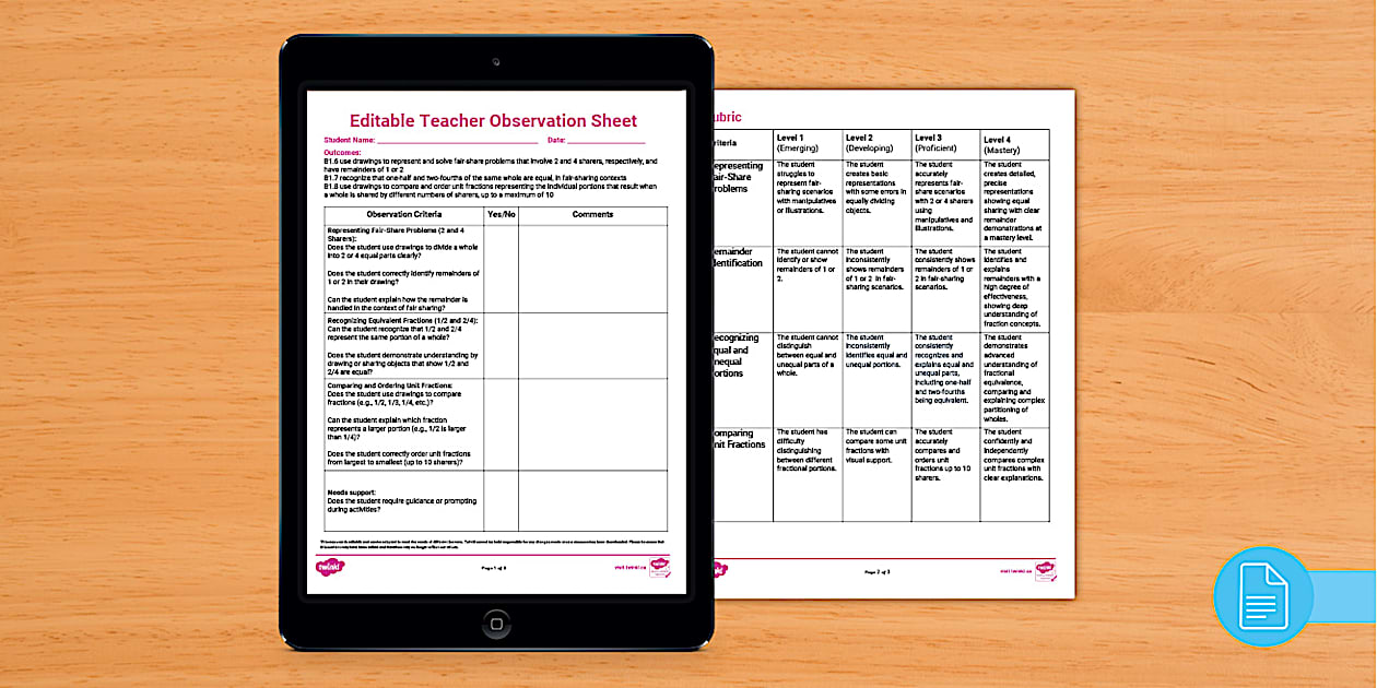 Grade 1 Fractions Editable Observation Sheet & Rubric